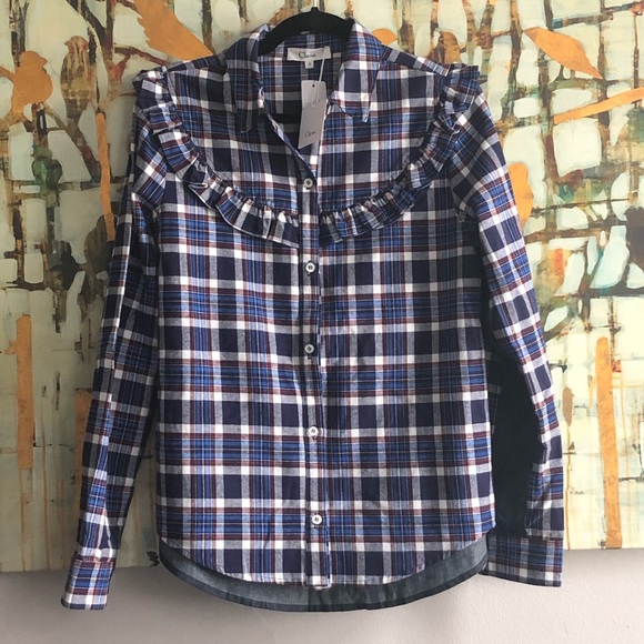 Clu Too | Tops | Nwt Clu Too Blue Ruffle Plaid Flannel Shirt | Poshmark